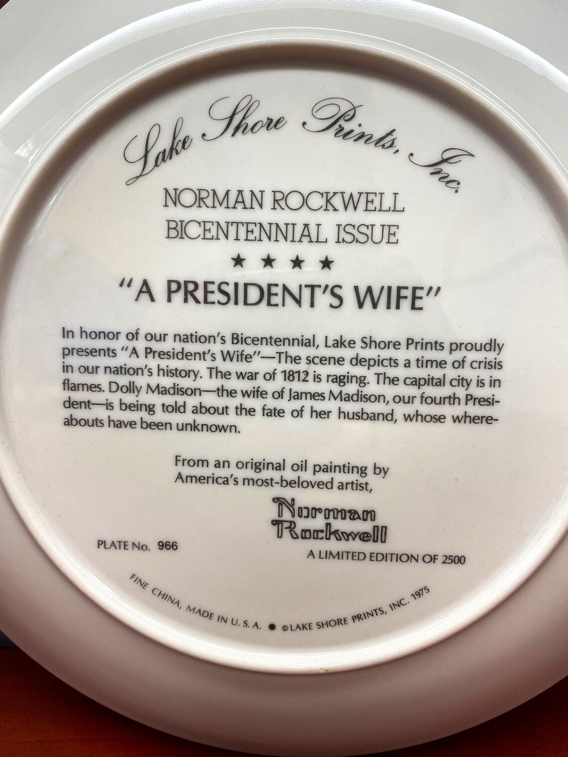 1975 Norman Rockwell A Presidents Wife Plate, Dolly Madison Lake Shore ...