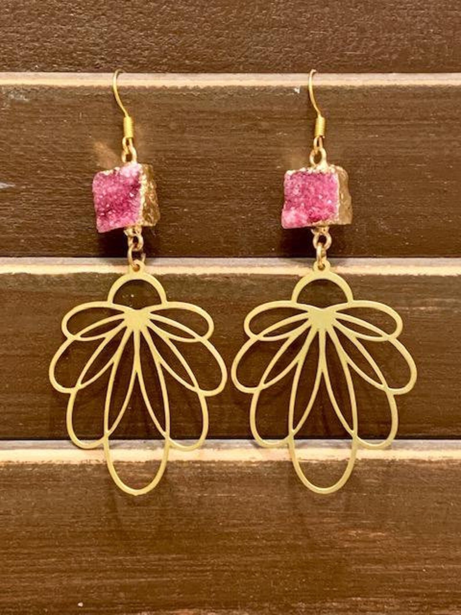 Gold Geometric Pink Druzy Flower Earrings; Druzy Quartz Earrings; Druzy ...