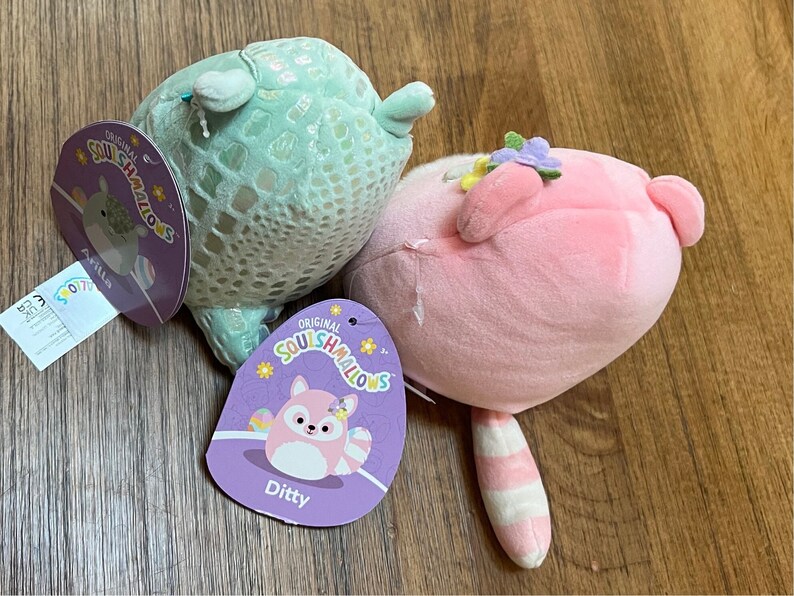 Squishmallow 5 Pink Lemur Ditty Flowers Easter and 4 Green Armadillo ...