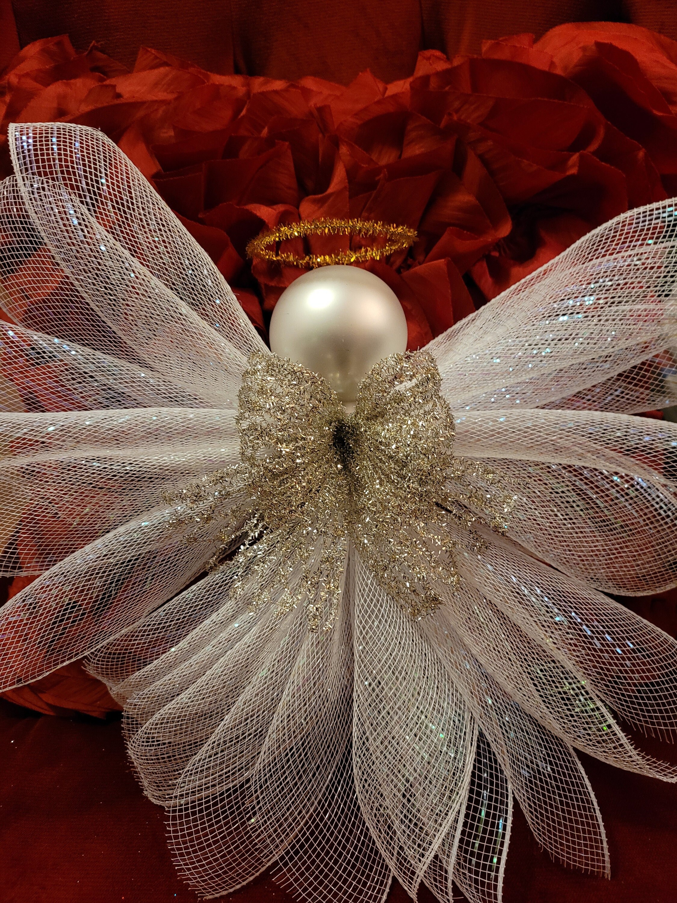 Gold Angel Christmas Tree Topper: Iridescent White & Gold Ribbon Decor ...