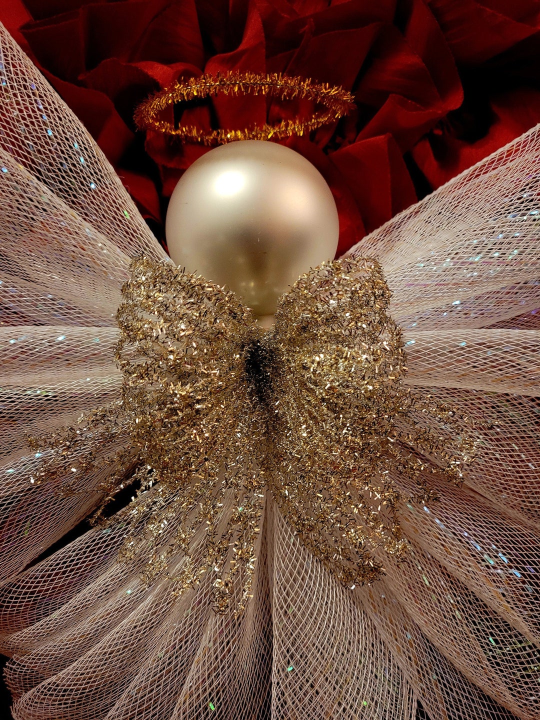 Gold Angel Christmas Tree Topper: Iridescent White & Gold Ribbon Decor ...