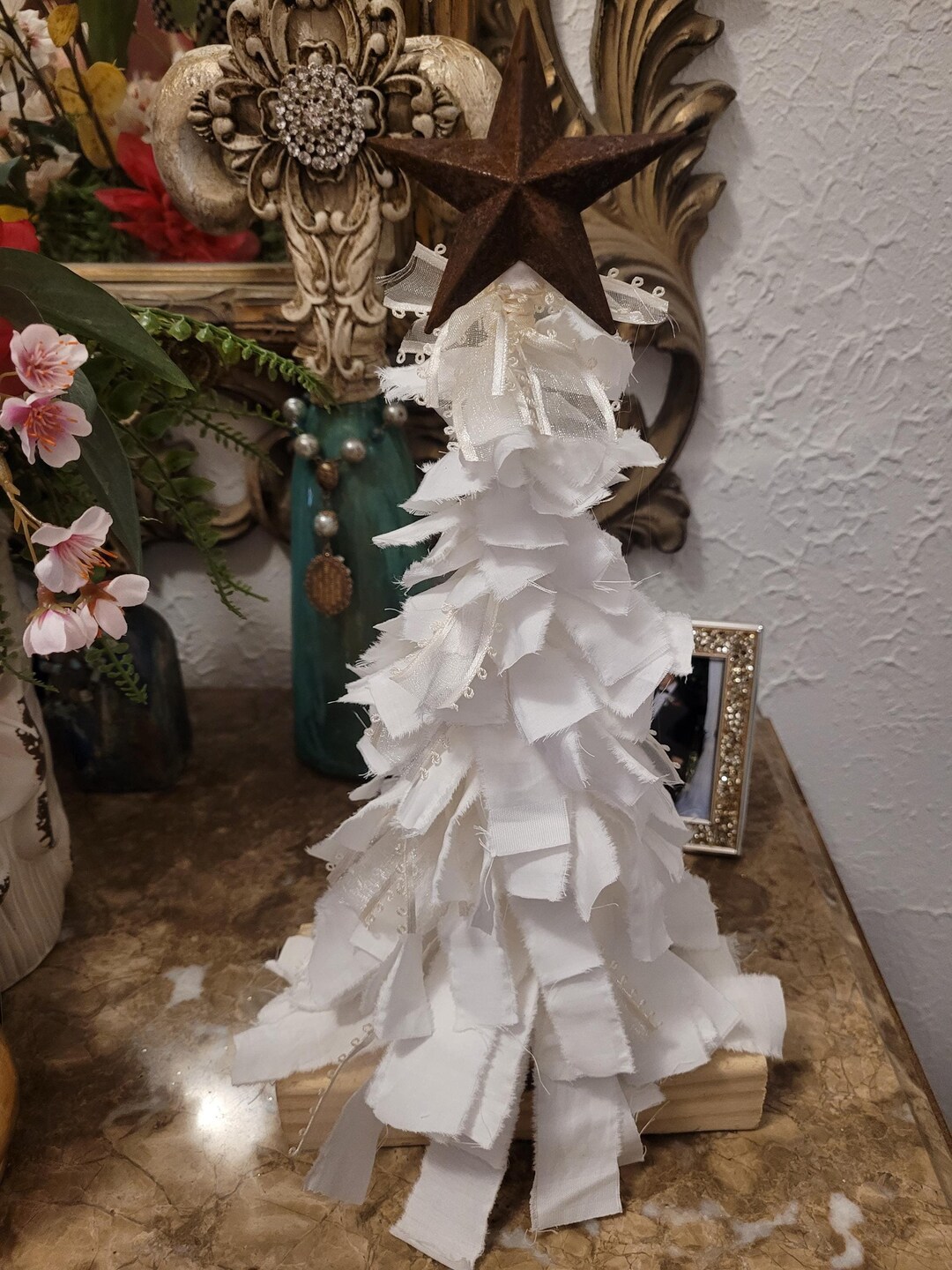 Handmade Rag Christmas Tree: Rustic White Decor With Rusty Star - Etsy