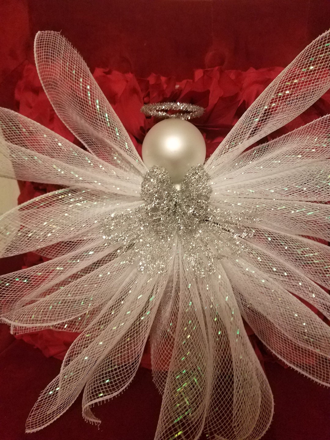 Deco Mesh Angel Tree Topper Ornament Silver Wreath Elegant Wreath ...
