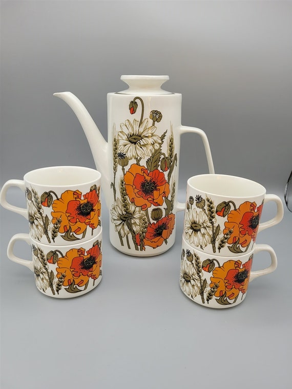 Bright and Happy Vintage JG Meakin Poppy Coffeepot and 4 Cups - Etsy