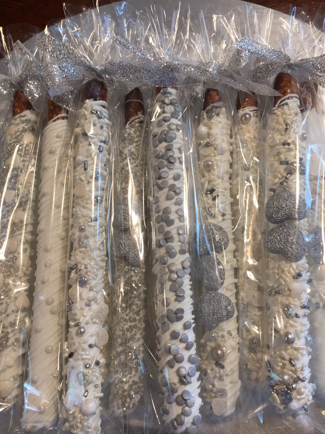 Silver/white Chocolate Wedding Pretzel Rods 1doz/bridal - Etsy