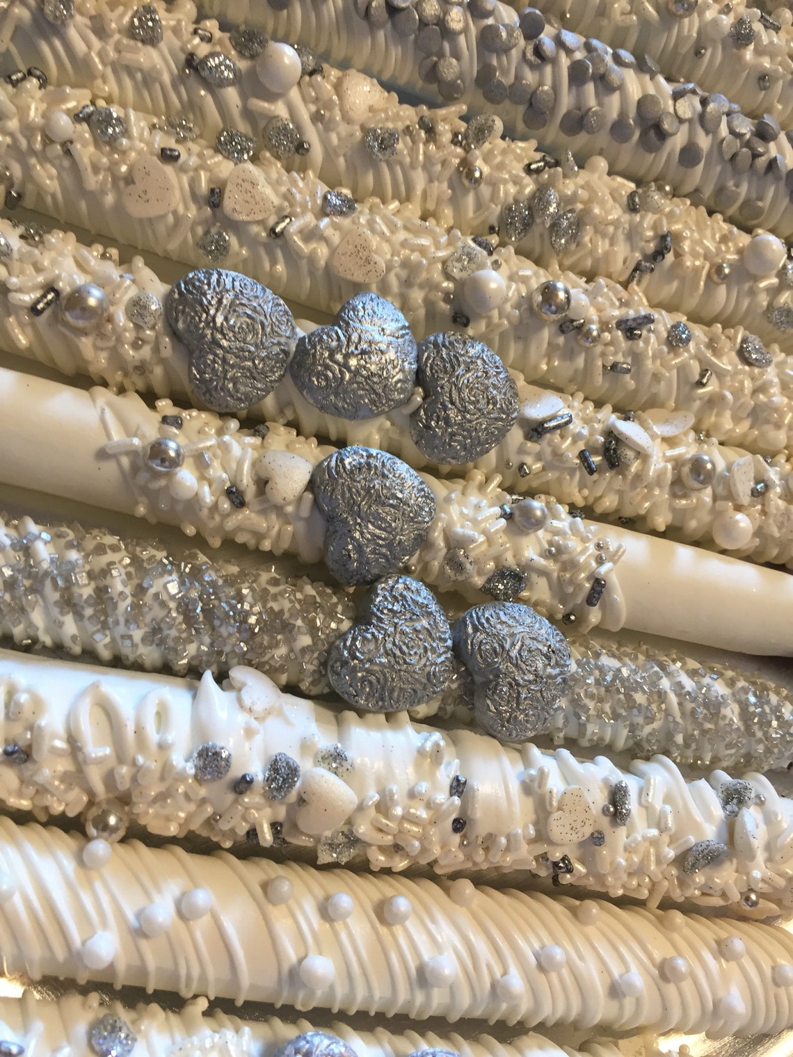 Silver/white Chocolate Wedding Pretzel Rods 1doz/bridal - Etsy