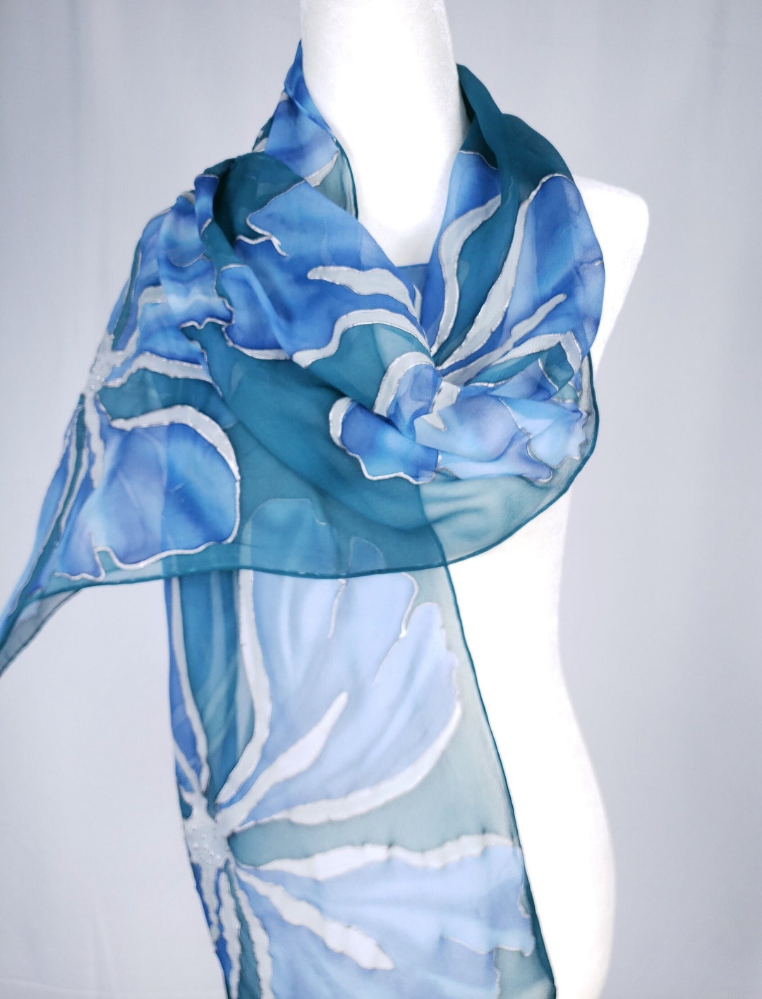 Blue Silk Scarf. Hand Painted Blue Floral Chiffon Scarf. Hand Painted ...