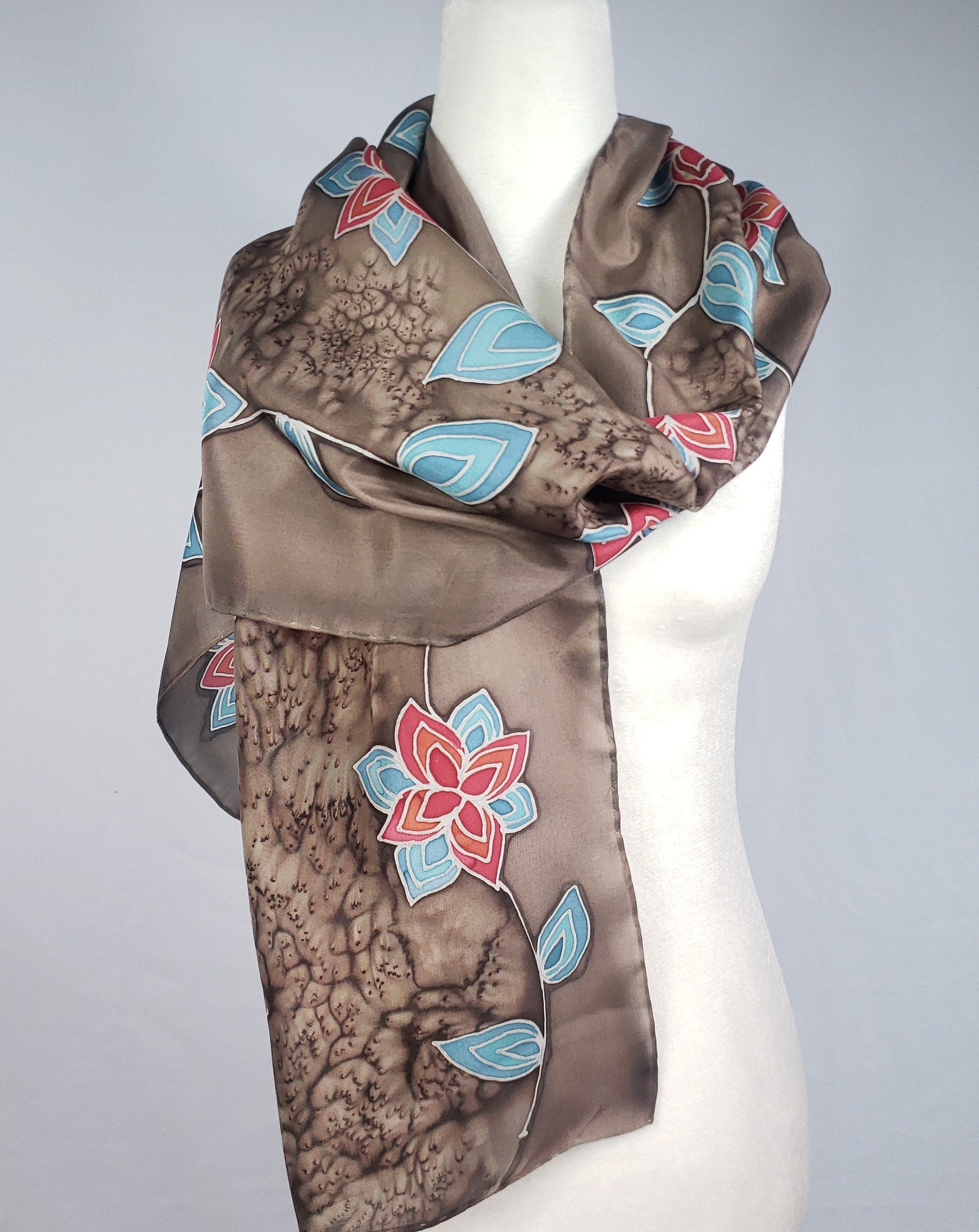 Hand Painted Pink, Teal, and Taupe Floral Silk Scarf - Etsy Canada