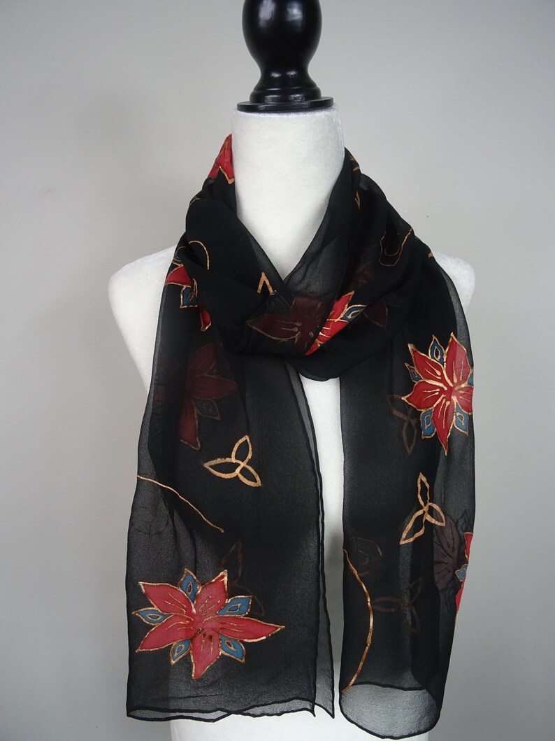 Black Silk Scarf. Hand Painted Black Chiffon Scarf. Red | Etsy