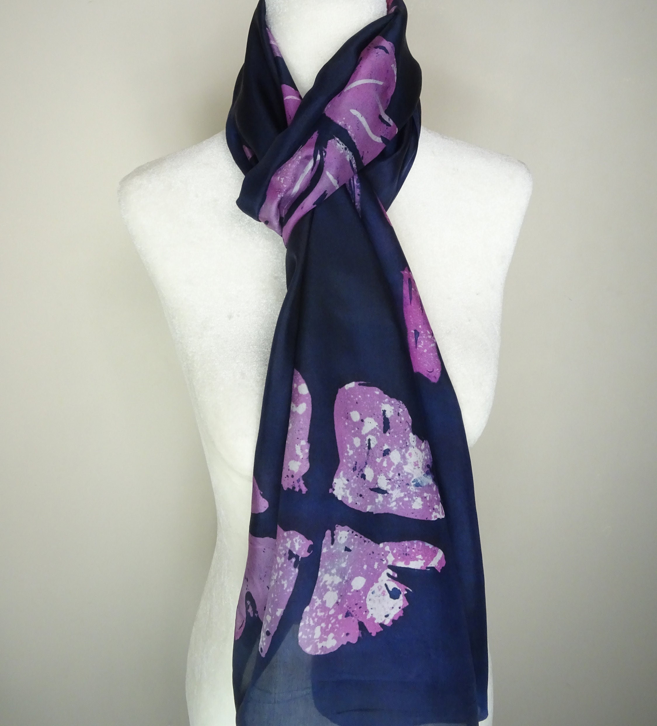 Blue Silk Scarf Hand Painted Pink and Blue Floral Silk Scarf. Floral ...