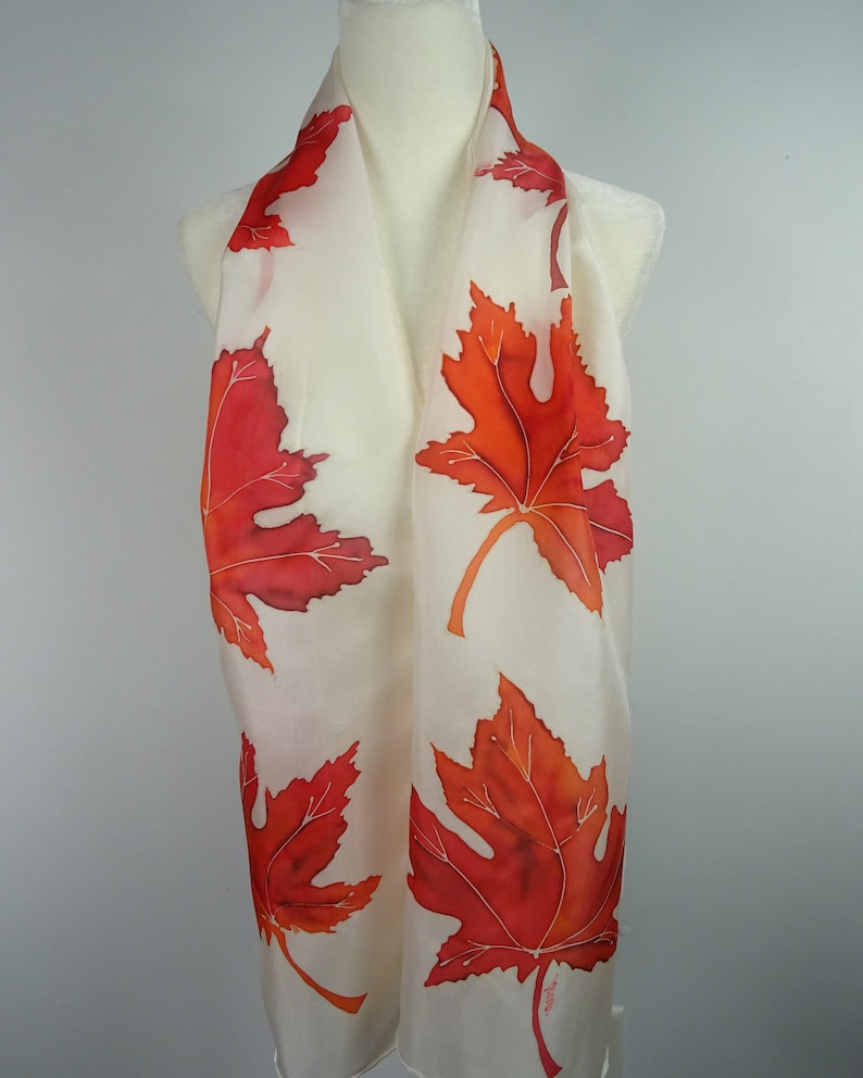 Hand Painted Canadian Red Maple Leaves Silk Scarf | Etsy