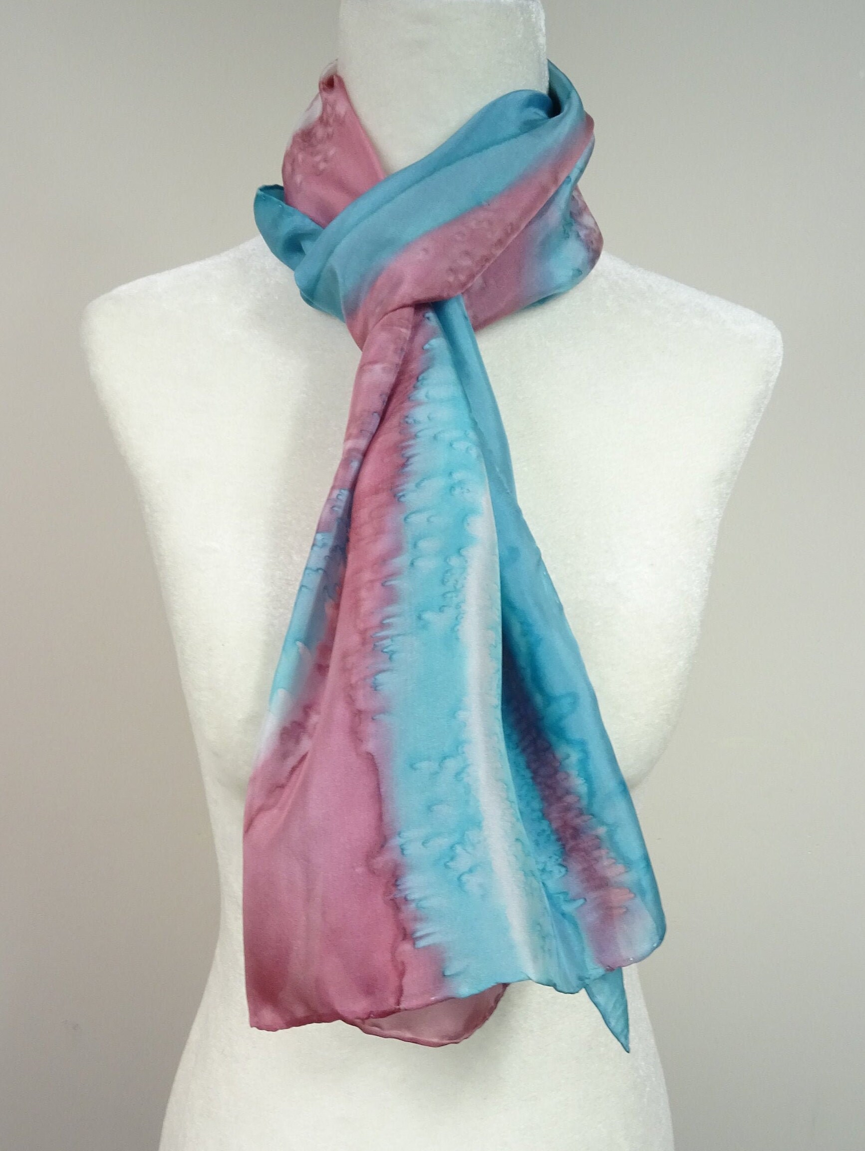 Hand Painted Pink and Blue Silk Scarf - Etsy