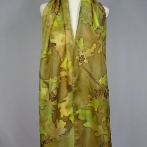 Hand Painted Green Silk Scarf, Autumn Leave in Beige, Green and Gold ...