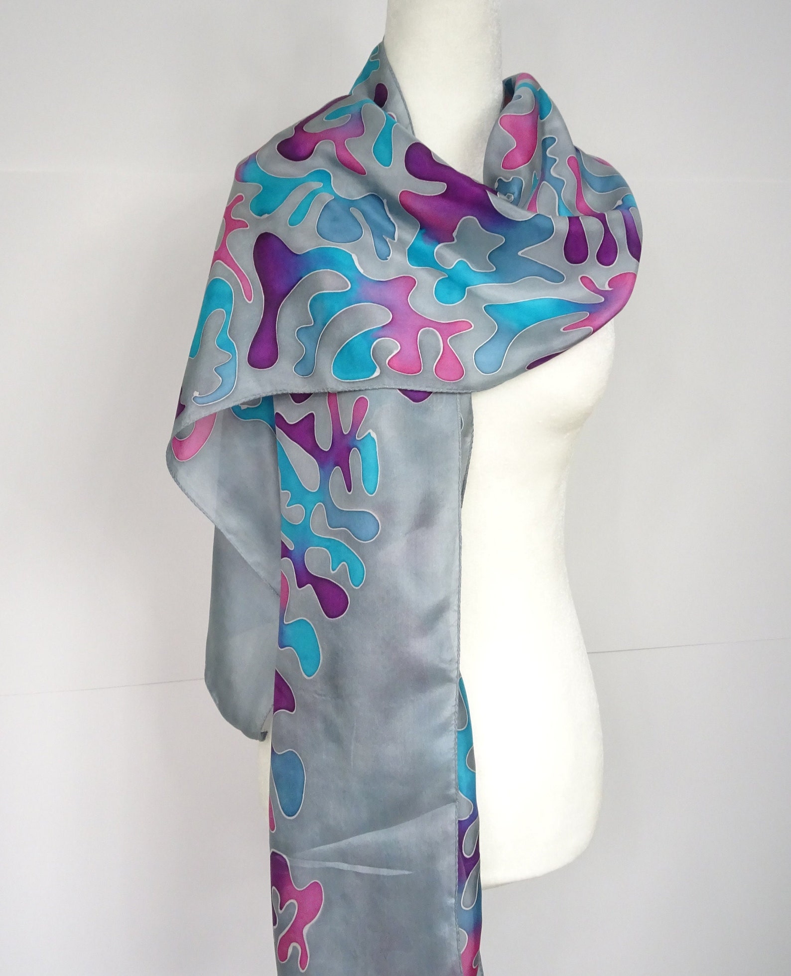 Hand Painted Purple and Turquoise Silk Scarf With Matching Bag Scarf - Etsy
