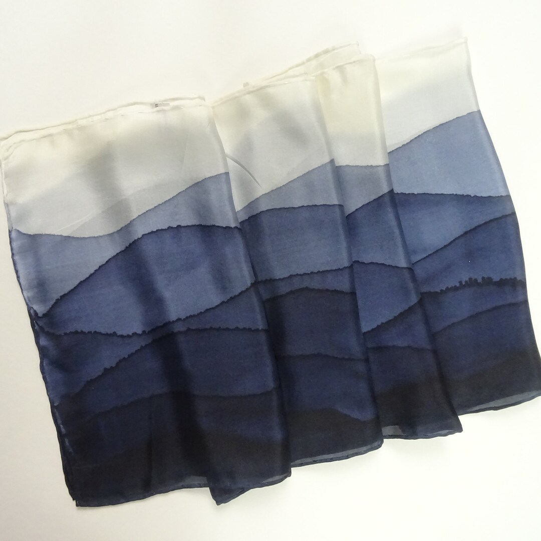 Hand Painted Navy Blue Ombre Silk Scarf: Misty Mountain Design - Etsy