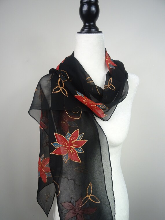 Black Silk Scarf. Hand Painted Black Chiffon Scarf. Red | Etsy