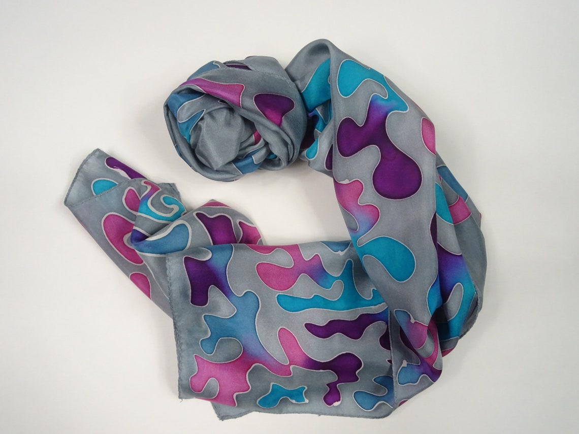 Foulard en soie violet et turquoise peint à la main avec - Etsy France