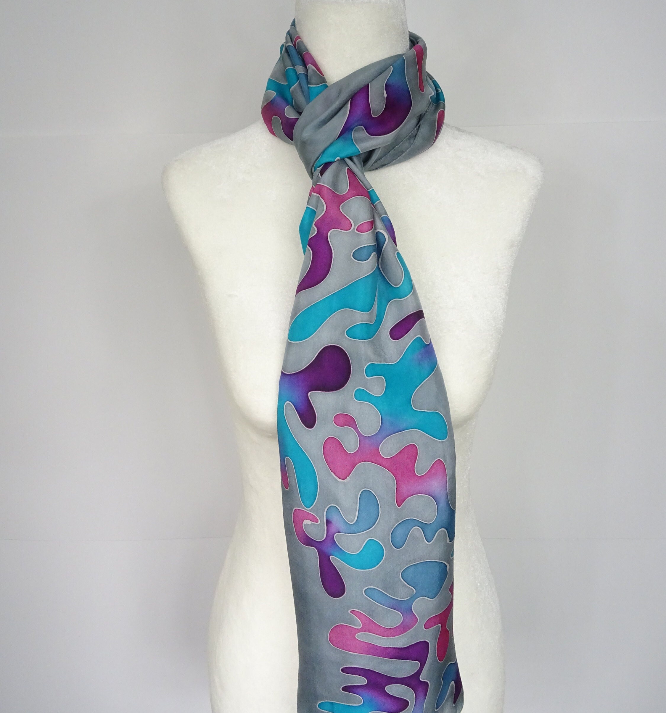 Hand Painted Purple and Turquoise Silk Scarf With Matching Bag Scarf - Etsy