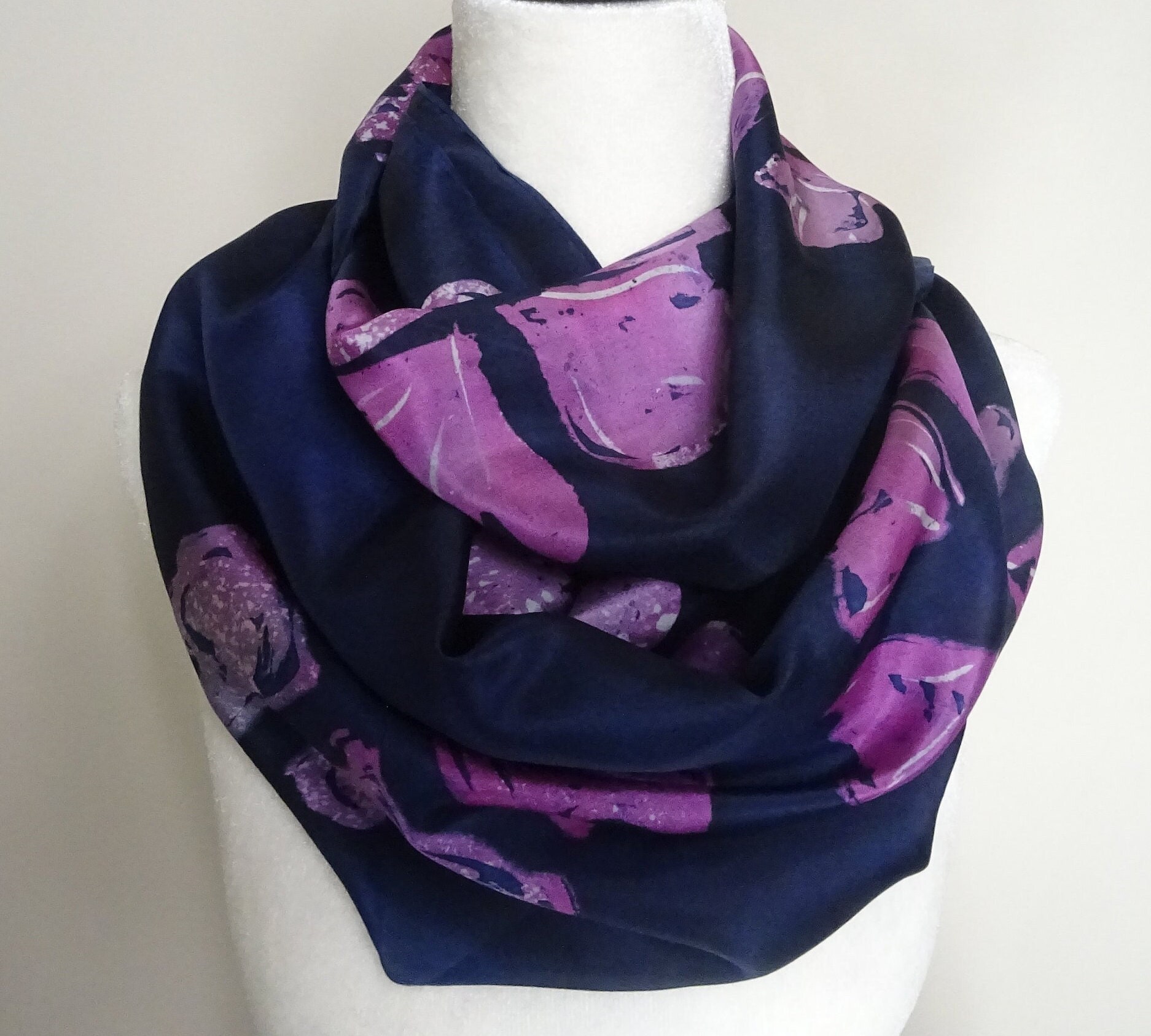 Blue Silk Scarf Hand Painted Pink and Blue Floral Silk Scarf. Floral ...