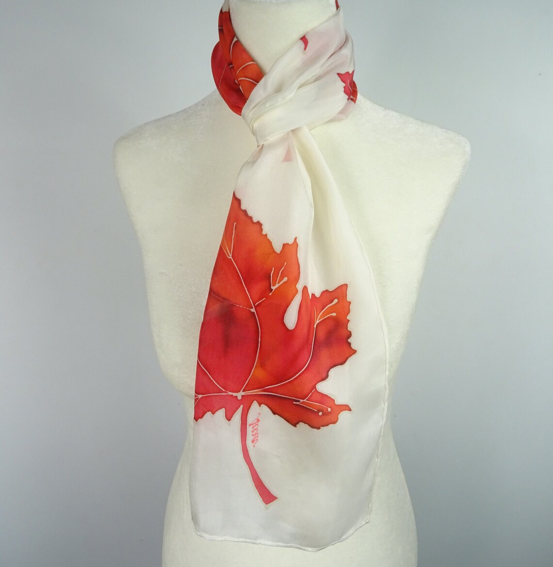 Hand Painted Canadian Red Maple Leaves Silk Scarf | Etsy