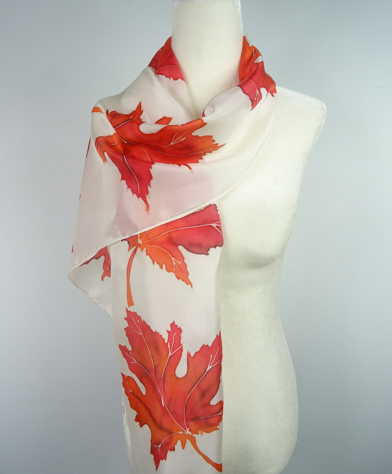 Hand Painted Canadian Red Maple Leaves Silk Scarf | Etsy