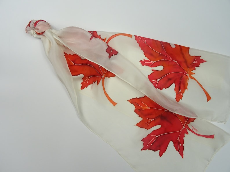 Hand Painted Canadian Red Maple Leaves Silk Scarf | Etsy Canada