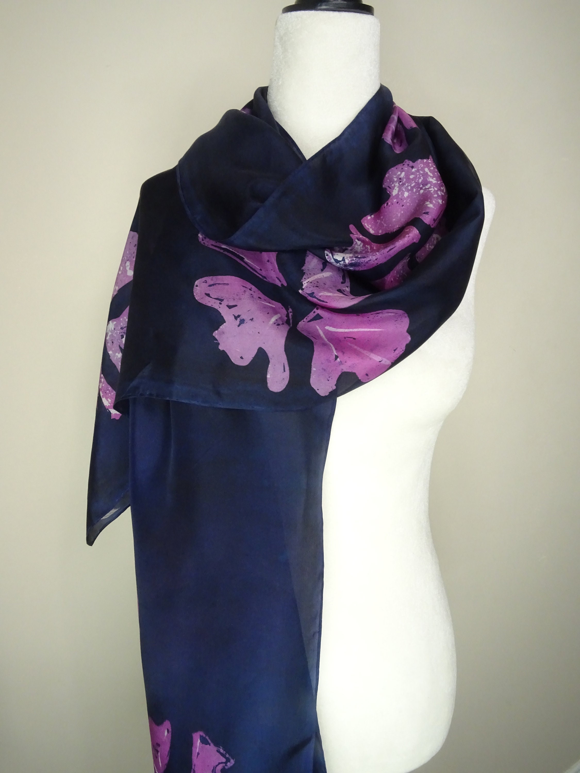 Blue Silk Scarf Hand Painted Pink and Blue Floral Silk Scarf. Floral ...