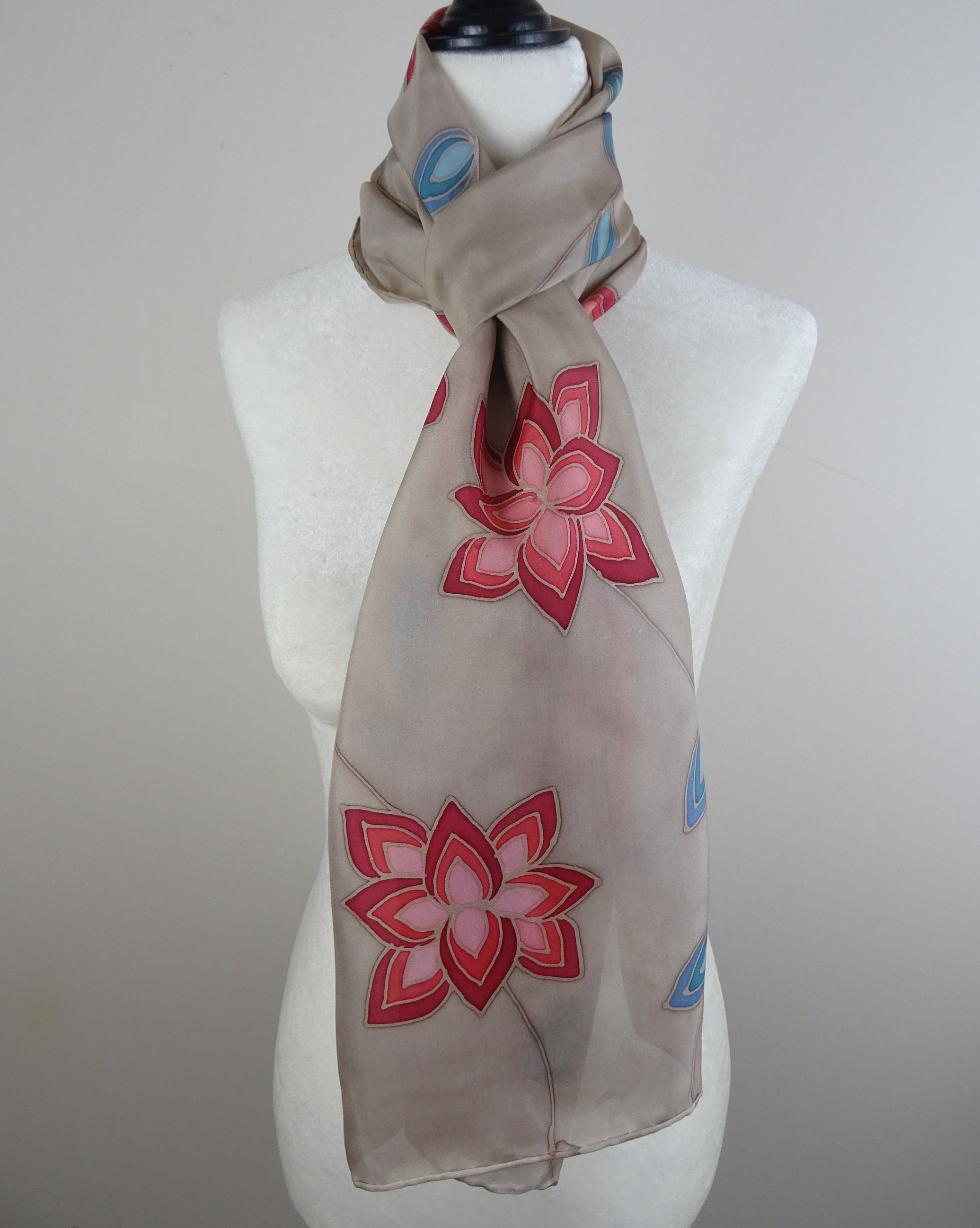 Hand Painted Pink Teal and Taupe Floral Silk Scarf - Etsy Canada