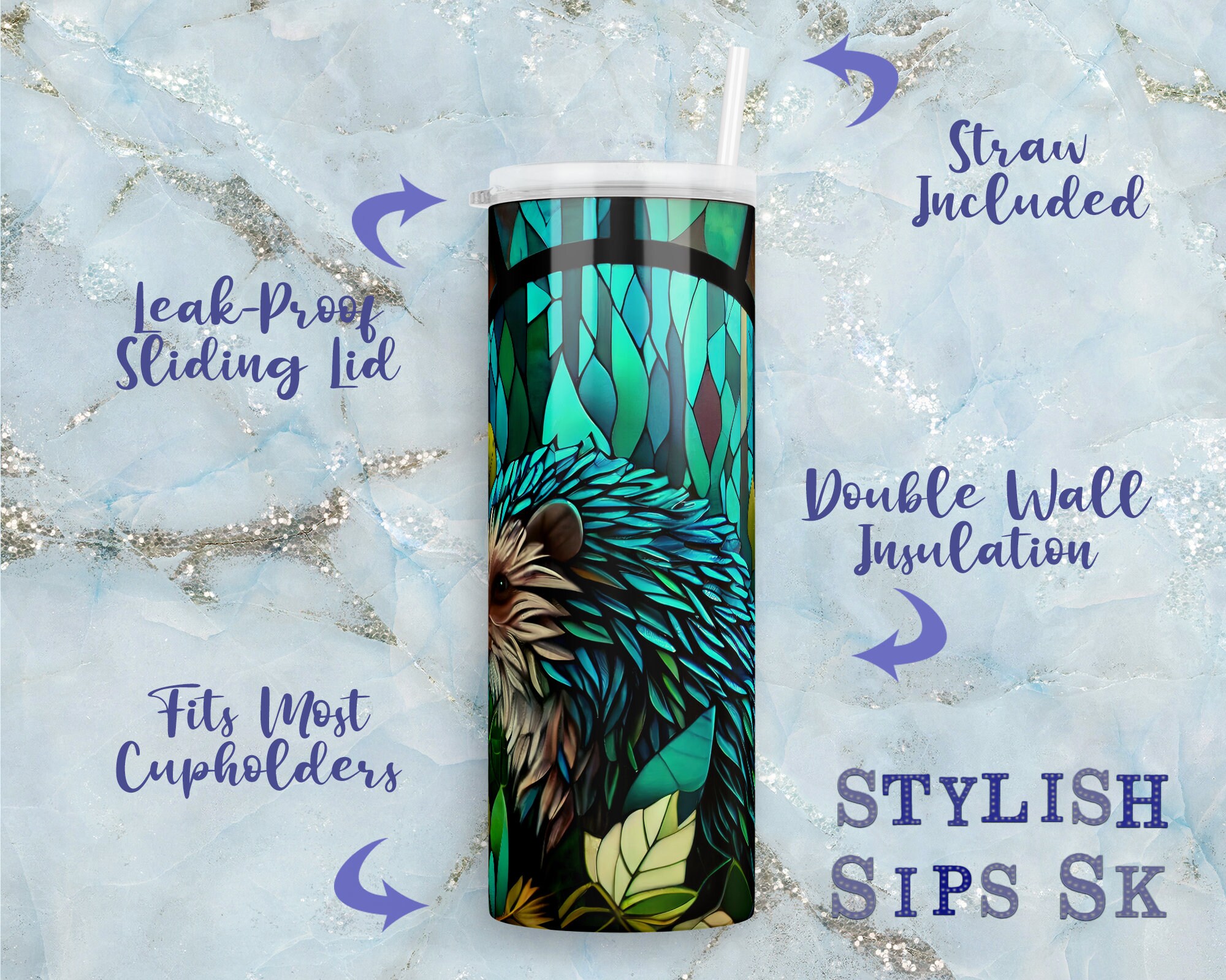 Stained Glass Hedgehog 20 Oz Skinny Tumbler With Straw and Lid - Etsy