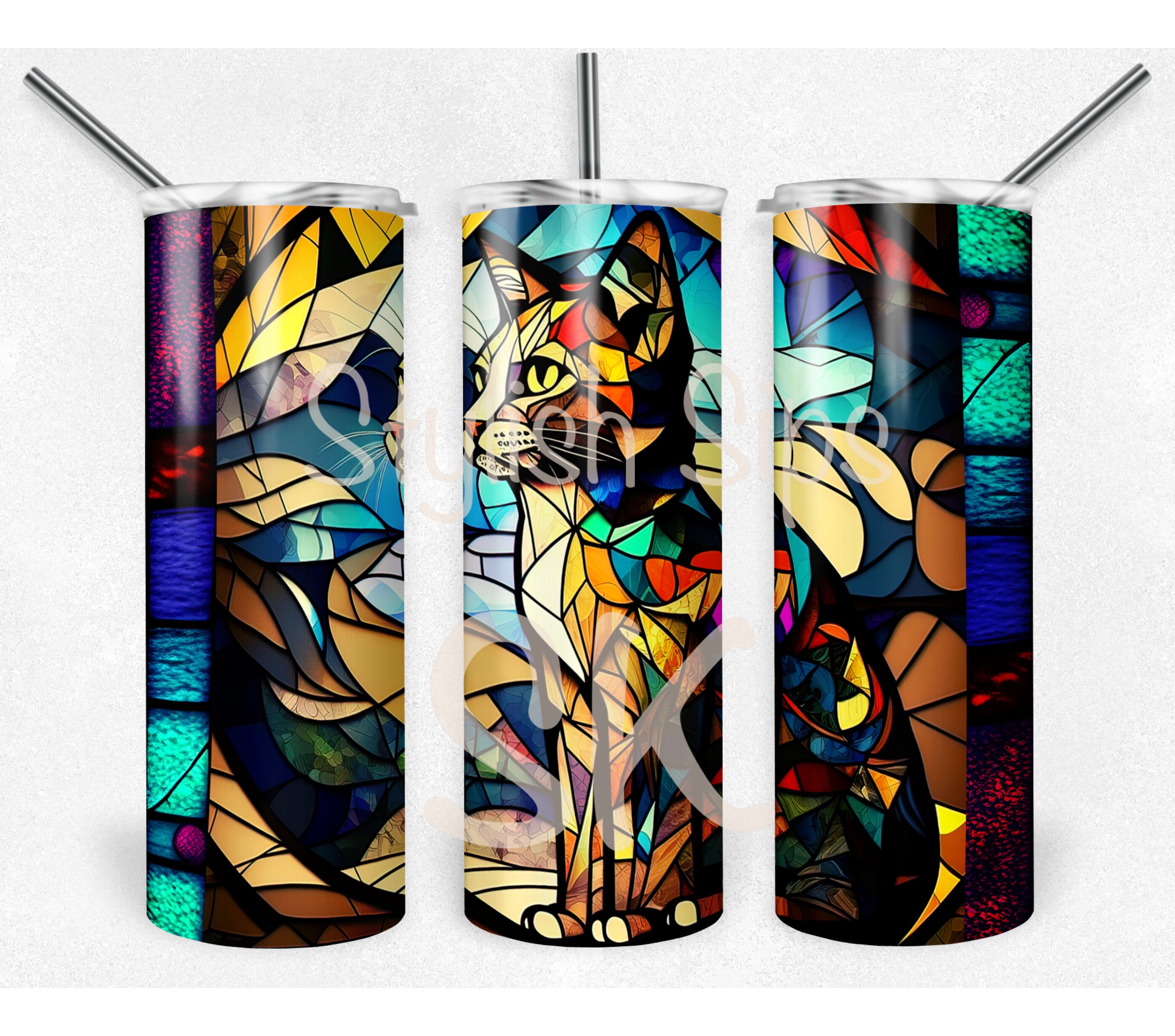 Stained Glass Cat 20 Oz Skinny Tumbler With Straw and Lid - Etsy