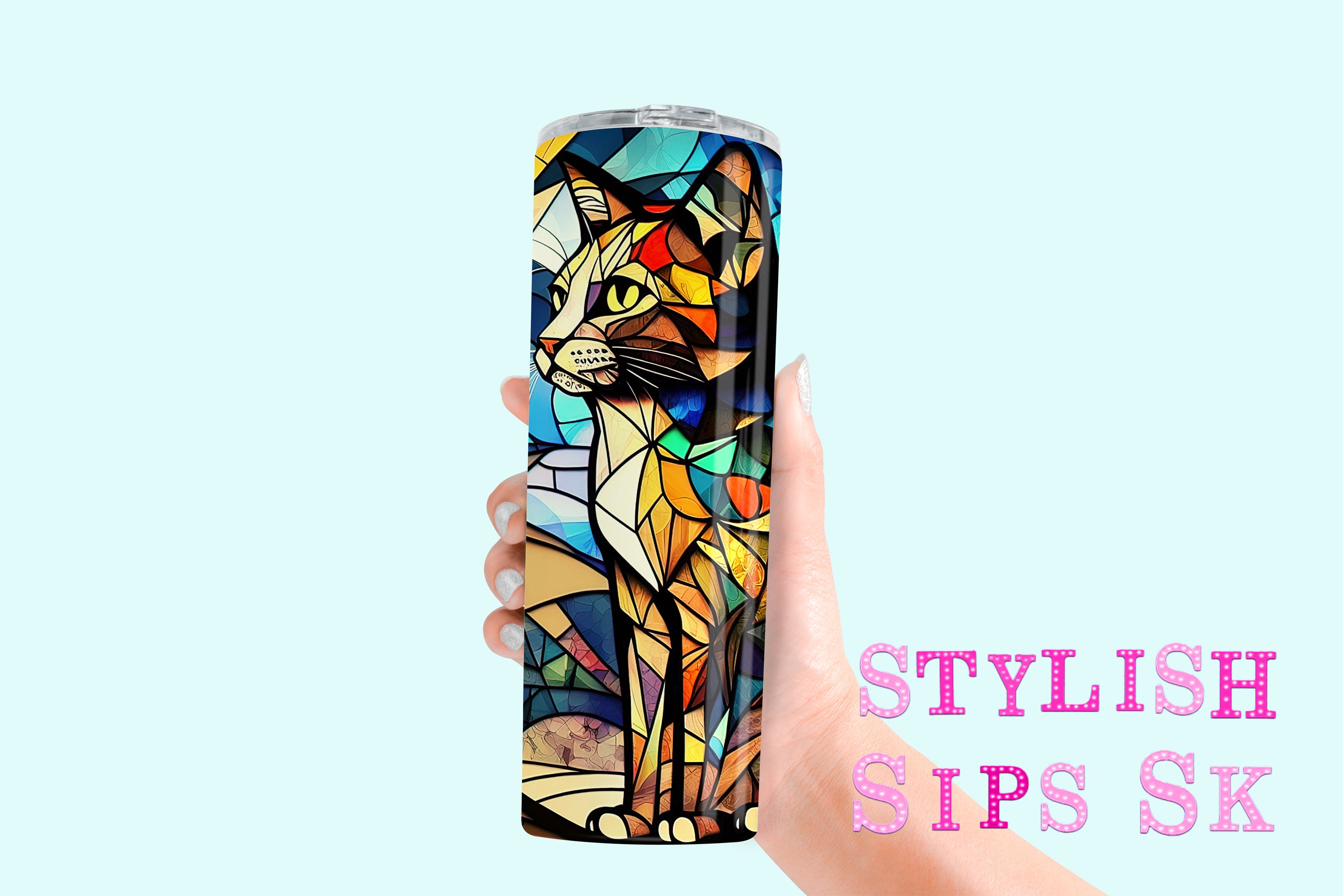 Stained Glass Cat 20 Oz Skinny Tumbler With Straw and Lid - Etsy