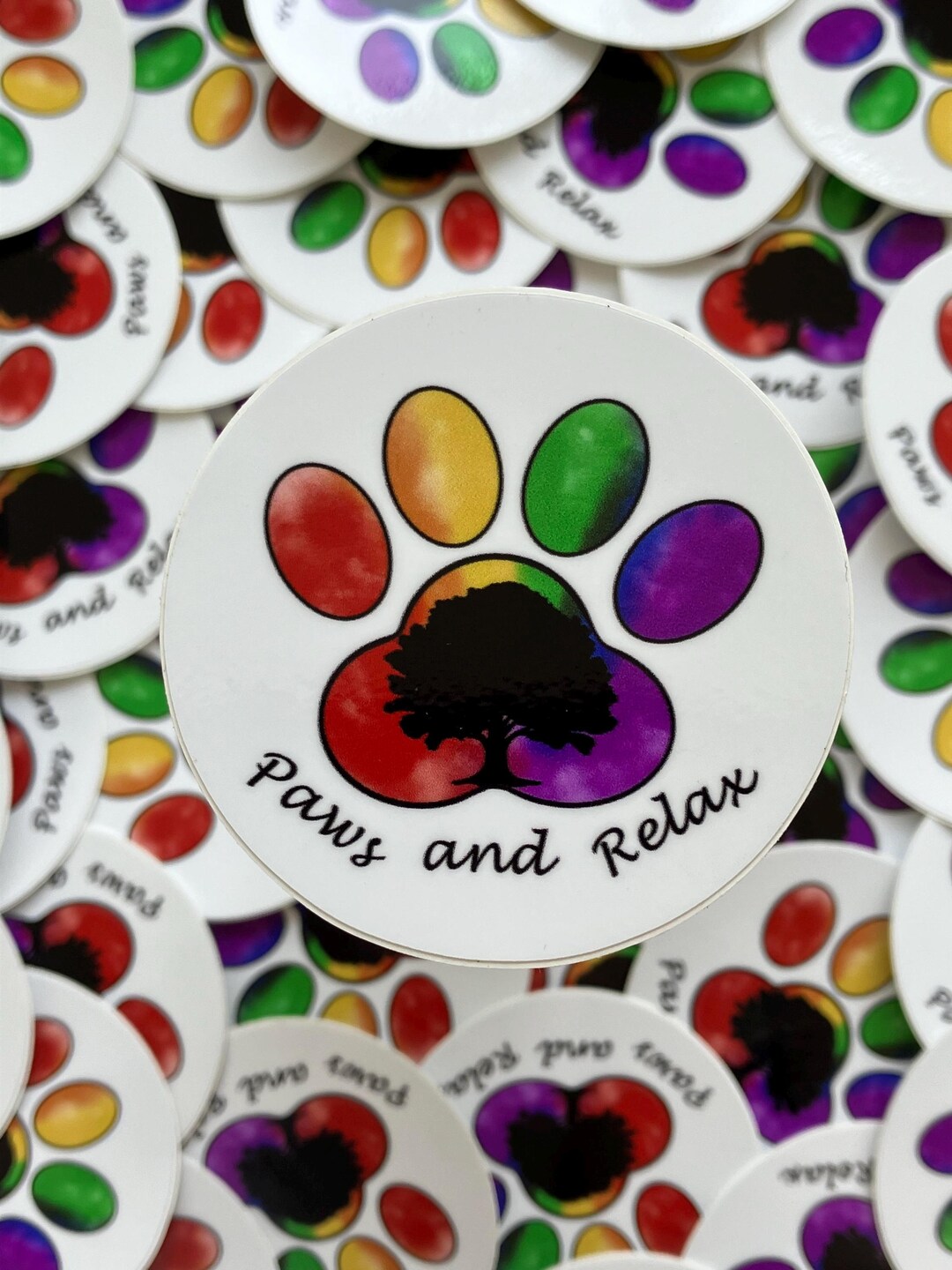 Paws and Relax Rainbow Paw Print Circular Sticker - Etsy