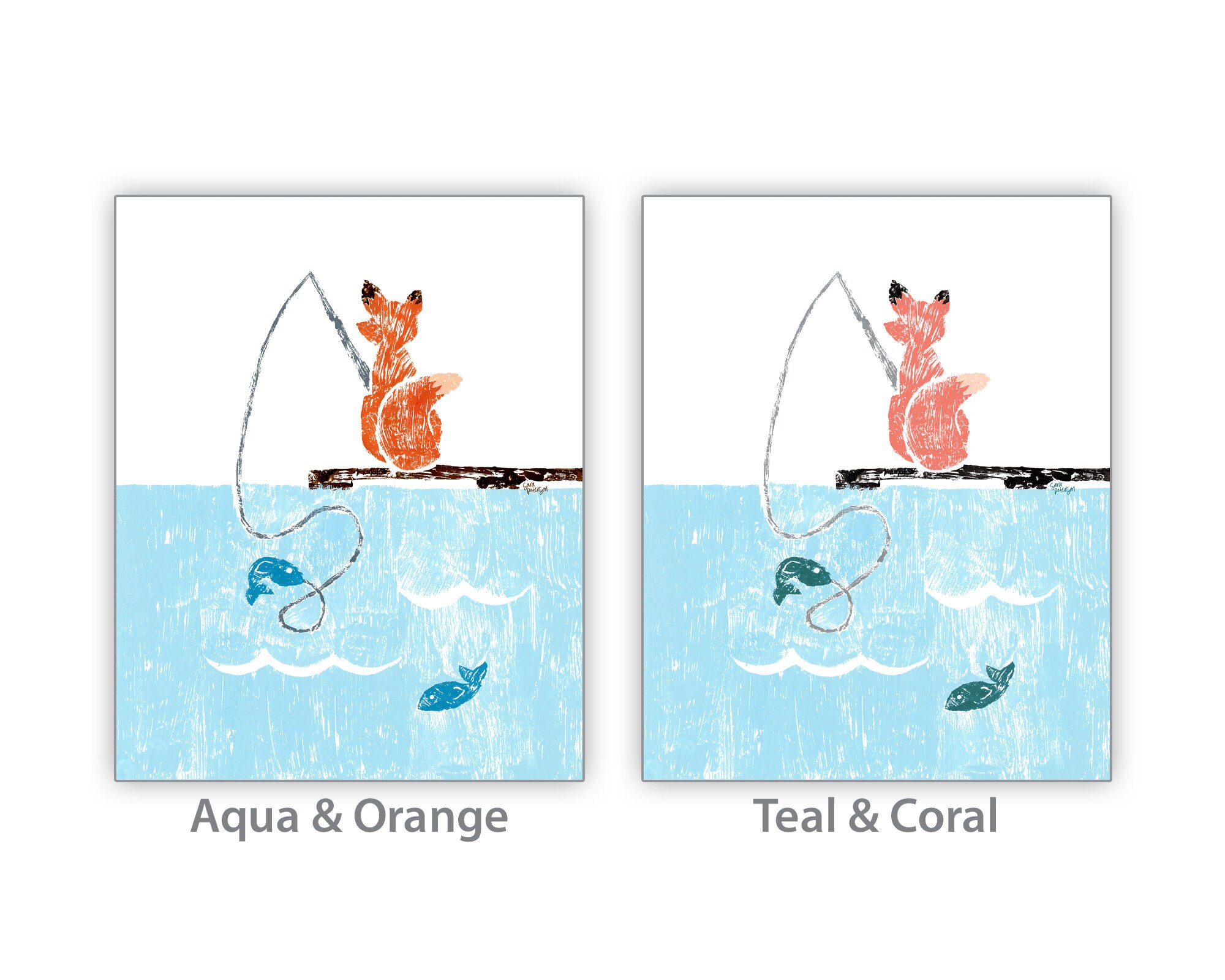 Fishing Fox Print, Whimsical Animal Art - Etsy