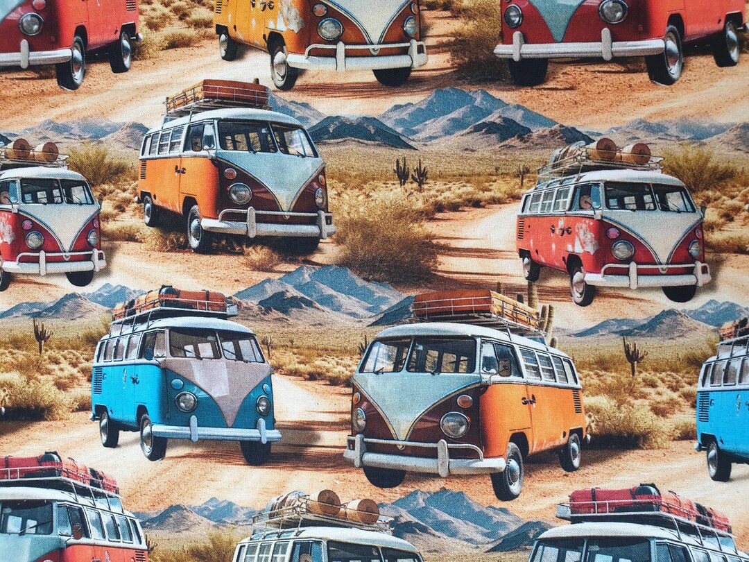 Camper Van Fabric UK 100% Cotton Material Fat Quarter Patchwork Desert ...
