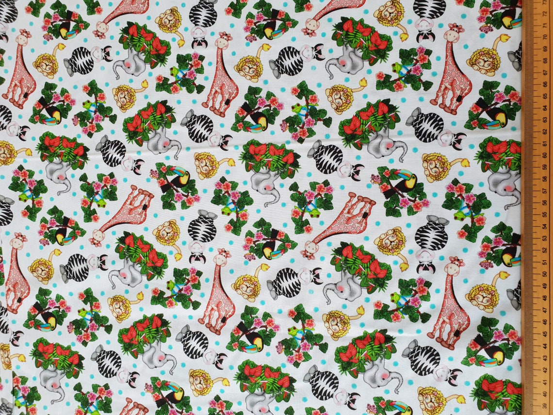 Jungle Animal Themed Fabric 100% Cotton Material by Metre Zebras ...
