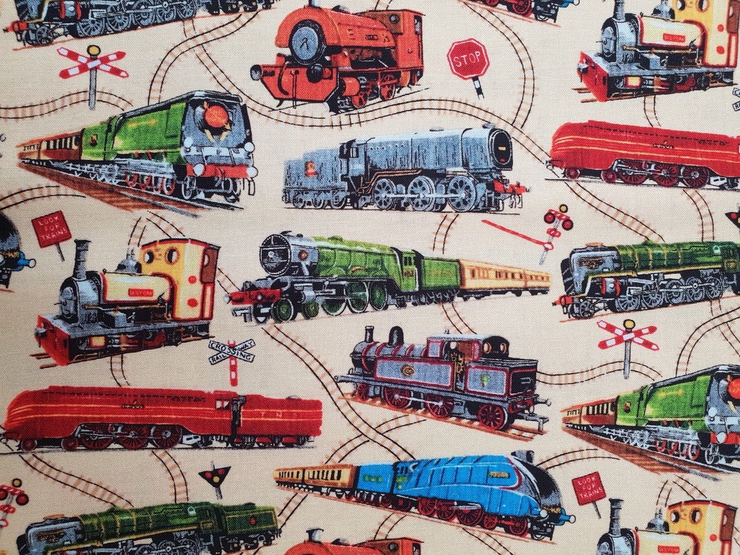Trains Fabric UK 100% Cotton Material by Metre Railways Rail ...