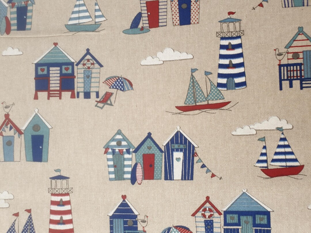 Blue Seaside Beach Fabric UK 80/20% Cotton Polyester Material by Metre ...