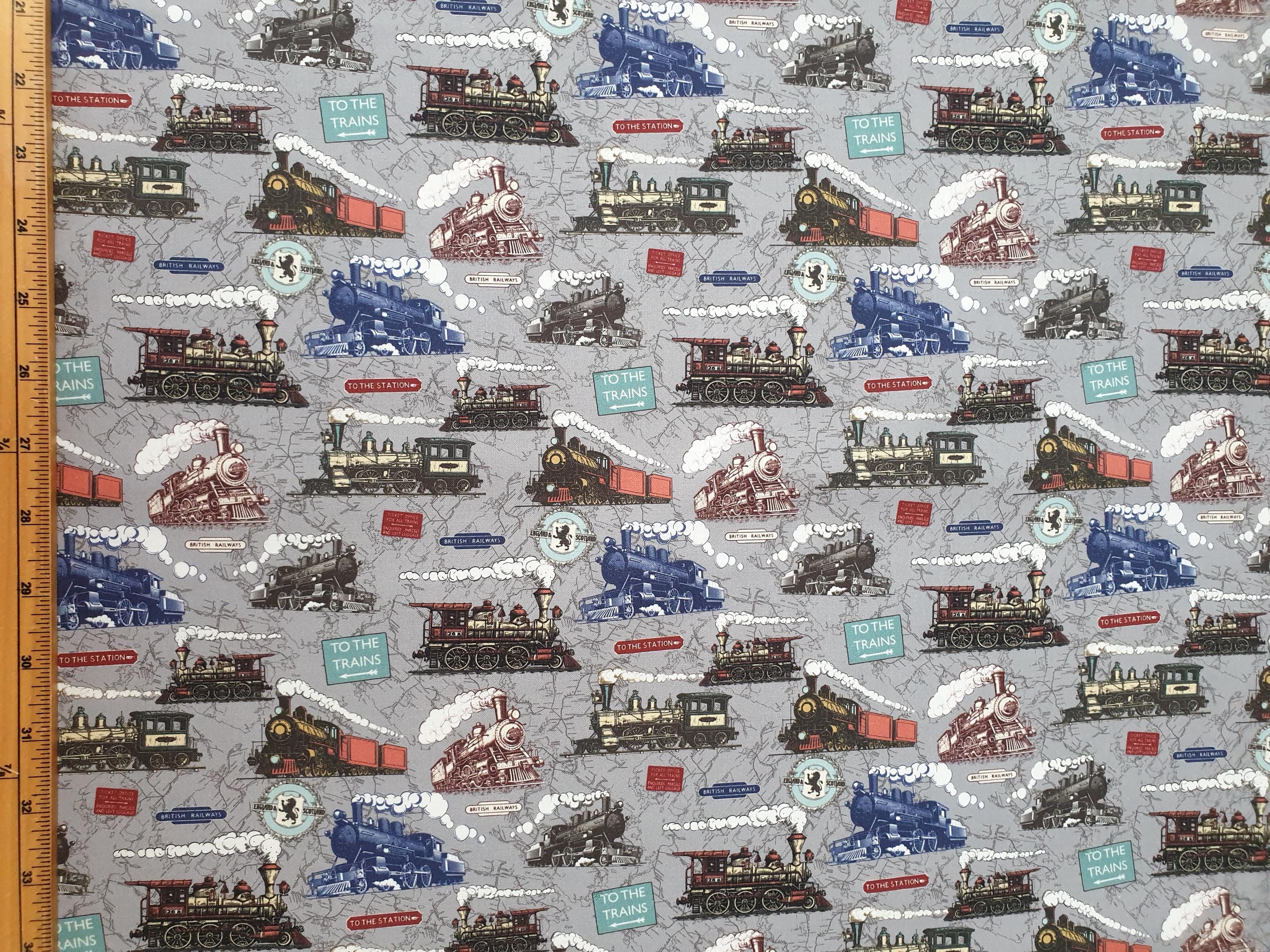Trains Fabric UK 100% Cotton Material by Metre Patchwork Railroad ...