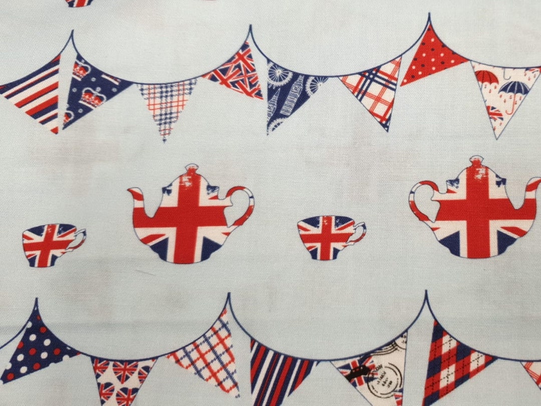 Tea Cups Fabric UK 100% Cotton Material by Metre Patchwork Cushions Colourful Coronation Party ...