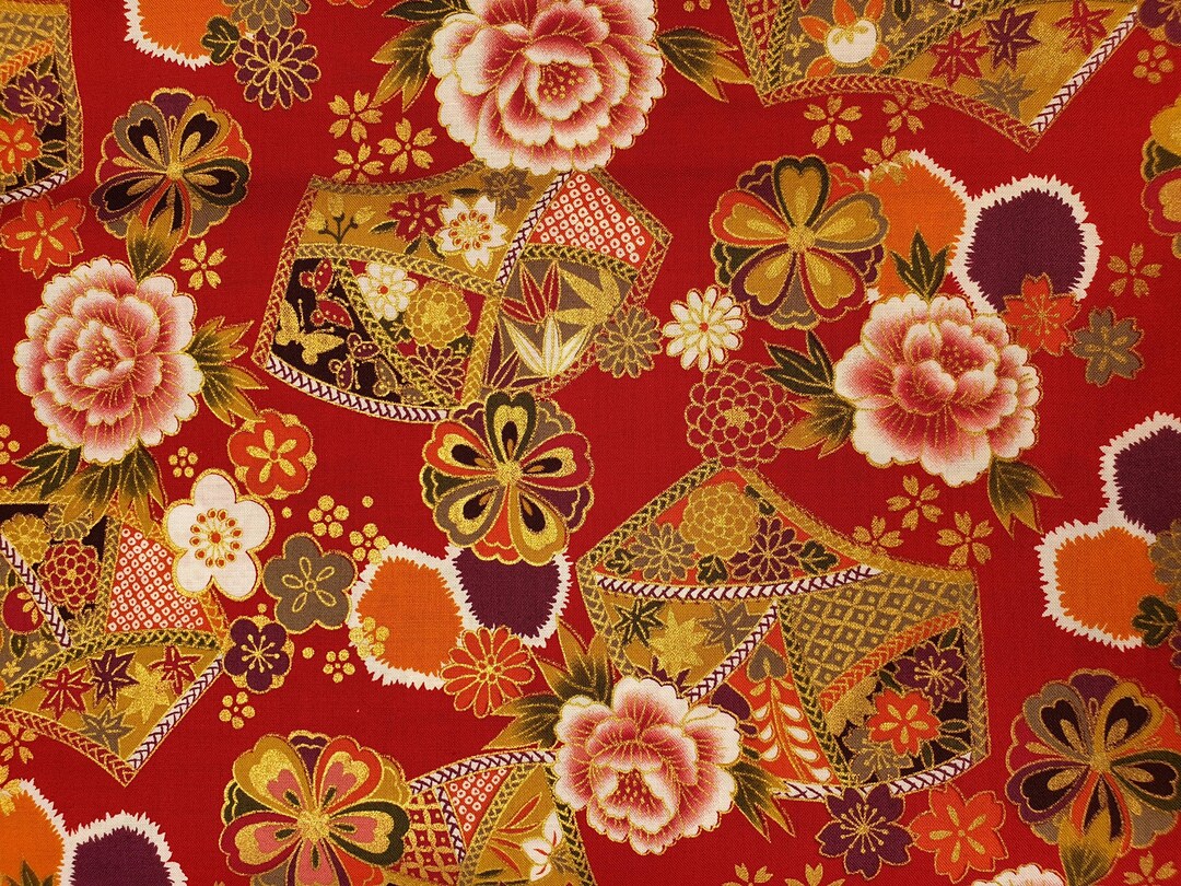 Japanese Floral Red Fabric UK 100% Cotton Material by Metre Curtains ...