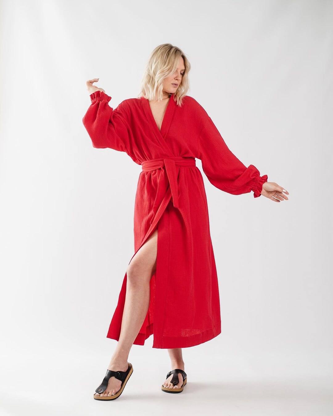 LONG MUSLIN ROBE, Red Summer Kimono, Double Layer Yellow Muslin ...