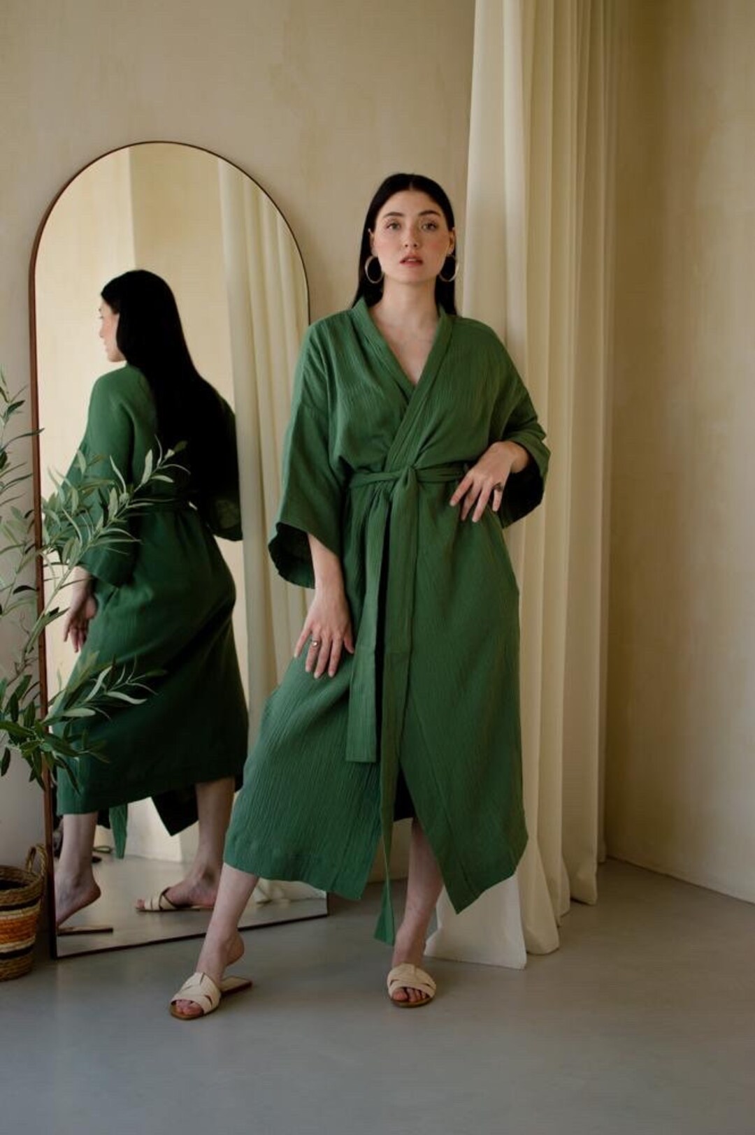 PLUS SIZE KIMONO, Long Kimono Robe, Bride Handmade Natural Green Muslin ...
