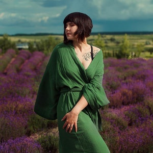 PLUS SIZE KIMONO, Long Yukata Robe, Bride Handmade Natural Green Muslin ...