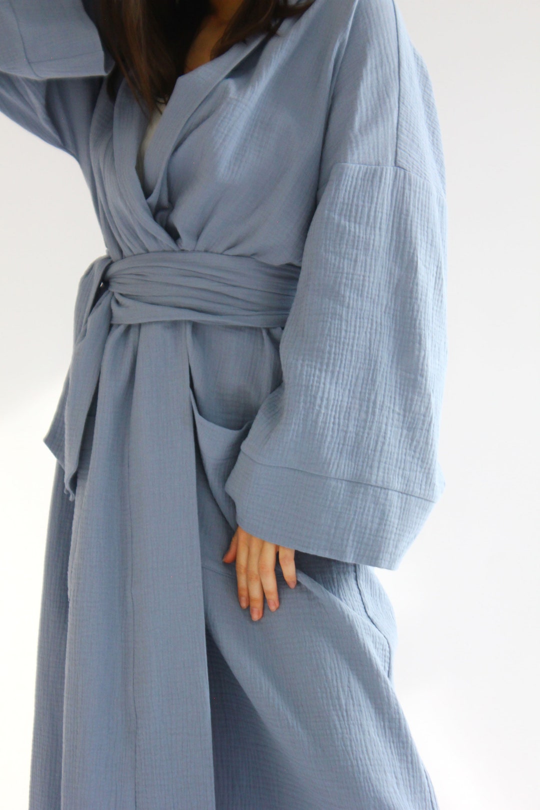 PLUS SIZE KIMONO, Long Kimono Robe, Handmade Blue Beach Muslin Japanese ...