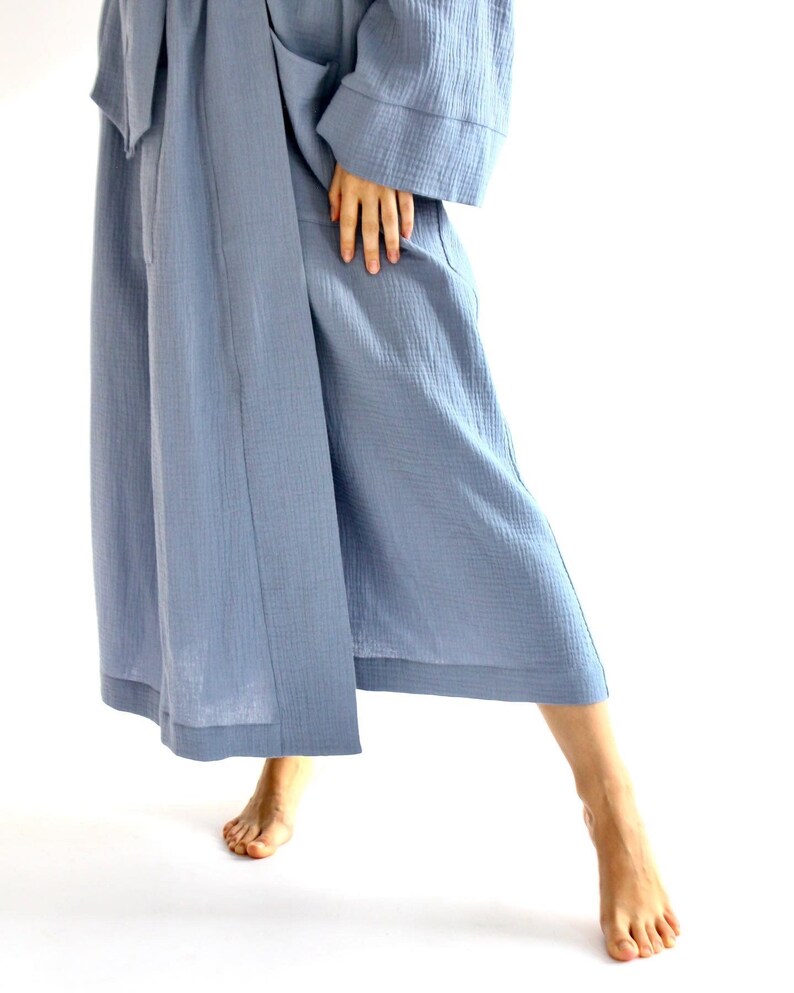 LONG KIMONO ROBE, Cotton Bride Bathrobe, Hen-party Blue Beach Long Cape ...