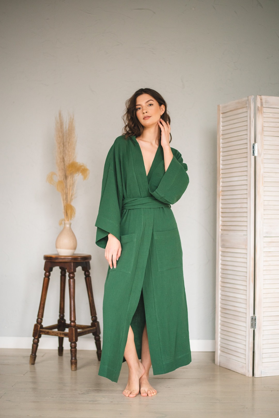 Plus Size Kimono Long Kimono Robe Handmade Bride Natural Green Muslin