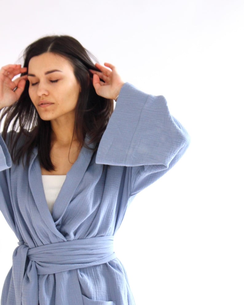 LONG KIMONO ROBE, Cotton Bride Bathrobe, Hen-party Blue Beach Long Cape ...