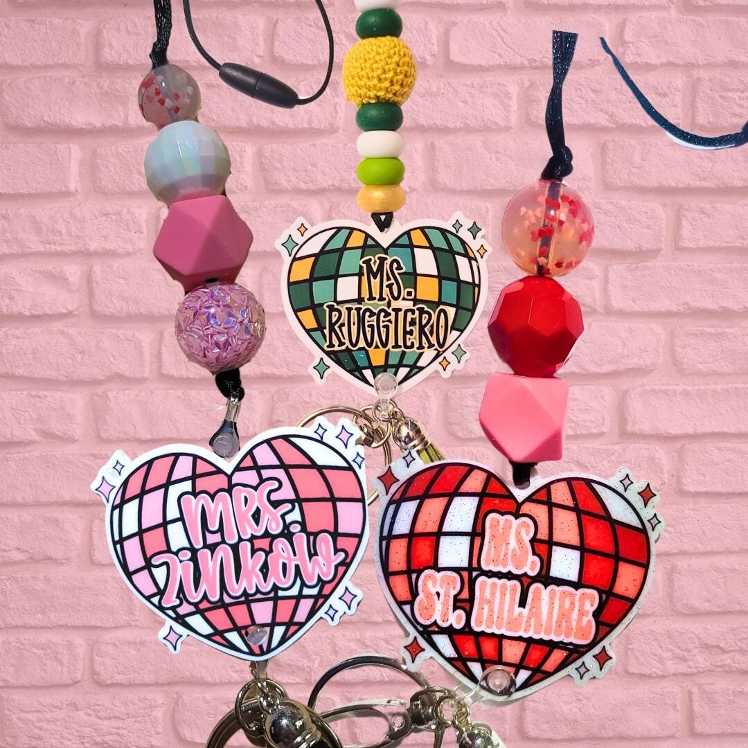 Personalized Teacher Disco Heart Lanyard | Trendy ID Badge Holder ...