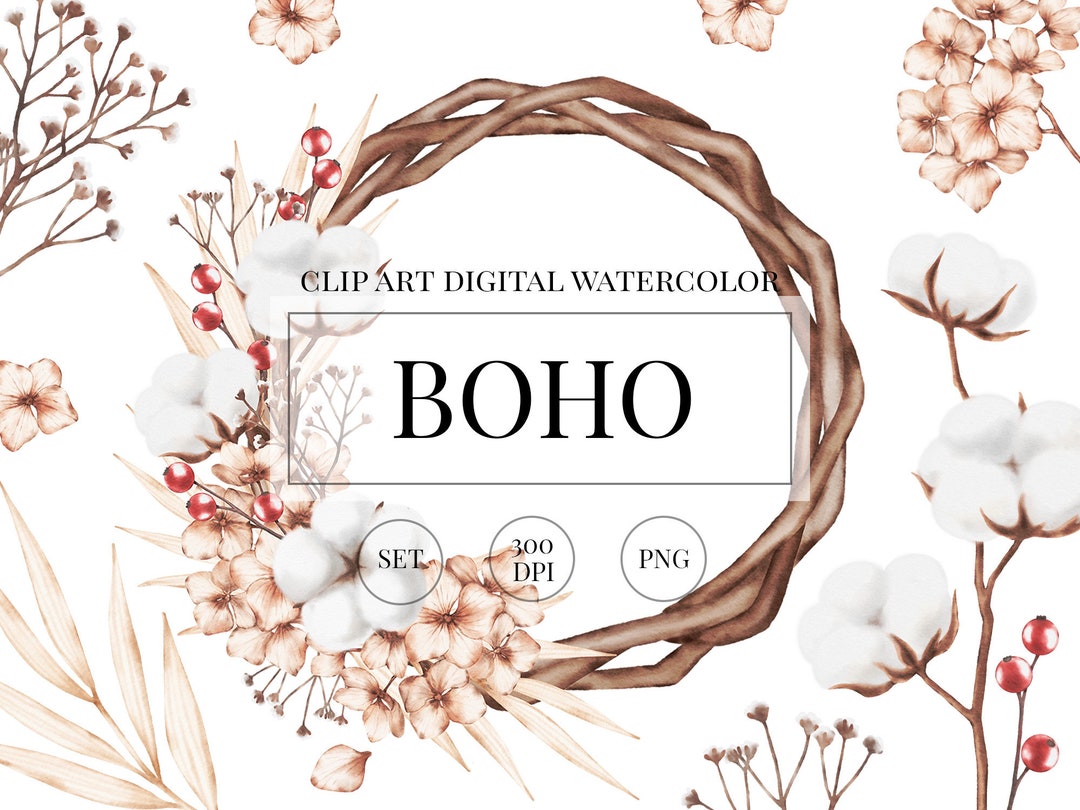 Boho Cotton Flower Wreath Clipart (digital Download) - Etsy