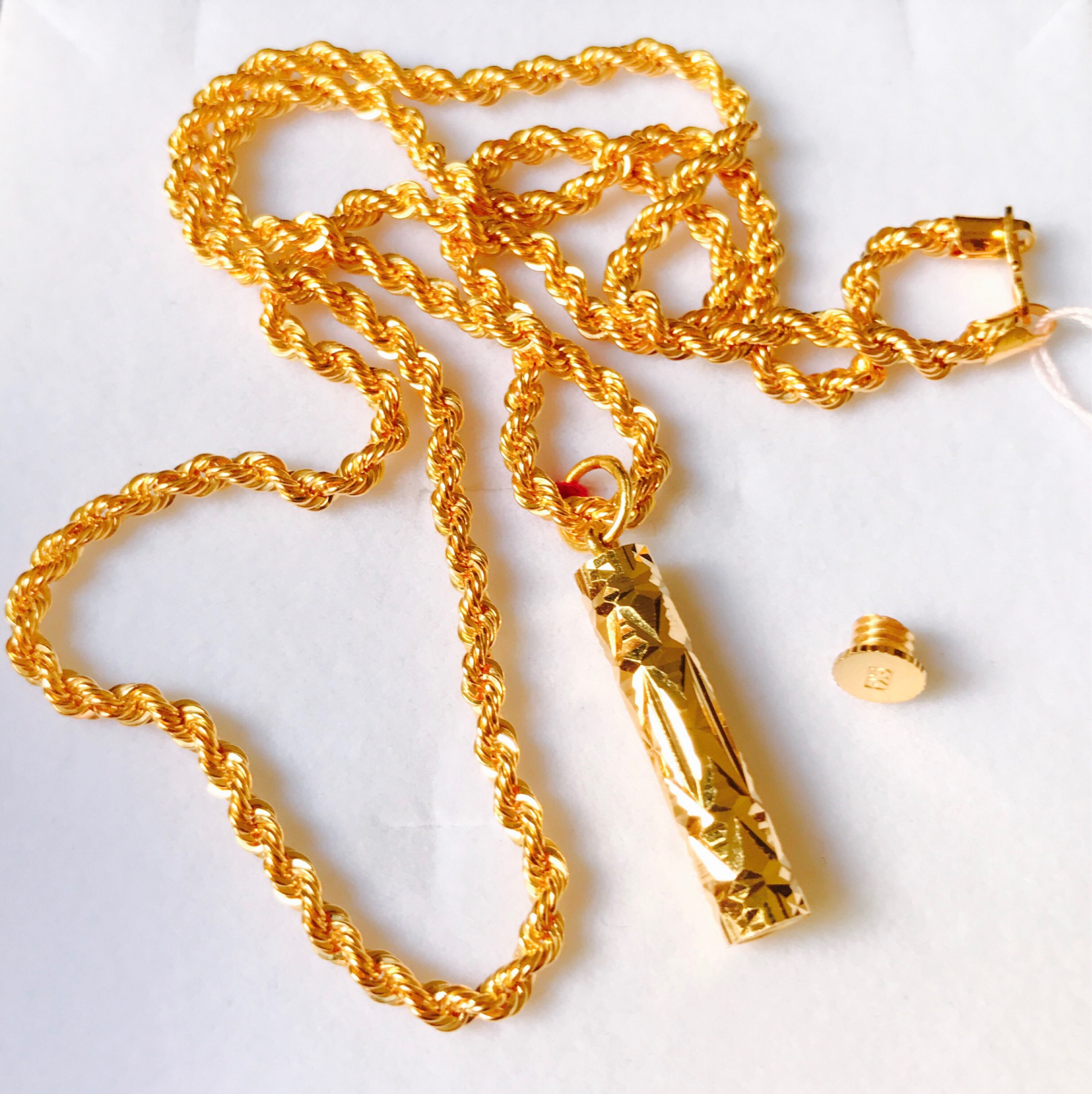 Solid 22k Gold 916 Gold Cylinder Pendant With Rope Chain Etsy